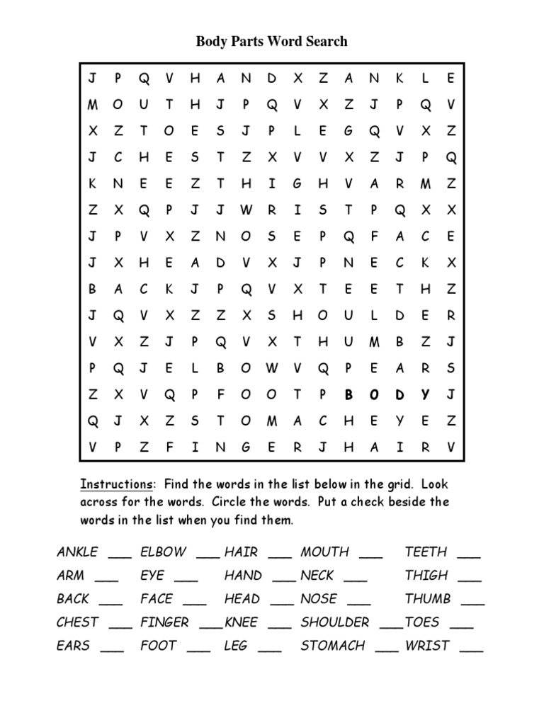 Body Parts Word Search Puzzle Fun Activities Games - 31037 | PDF ...