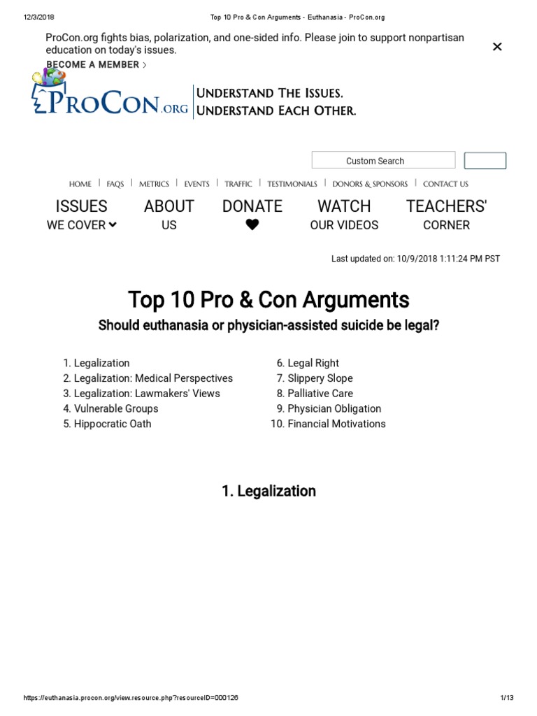 Top 10 Pro & Con Arguments - Euthanasia | PDF | Terminal Illness | Palliative Care