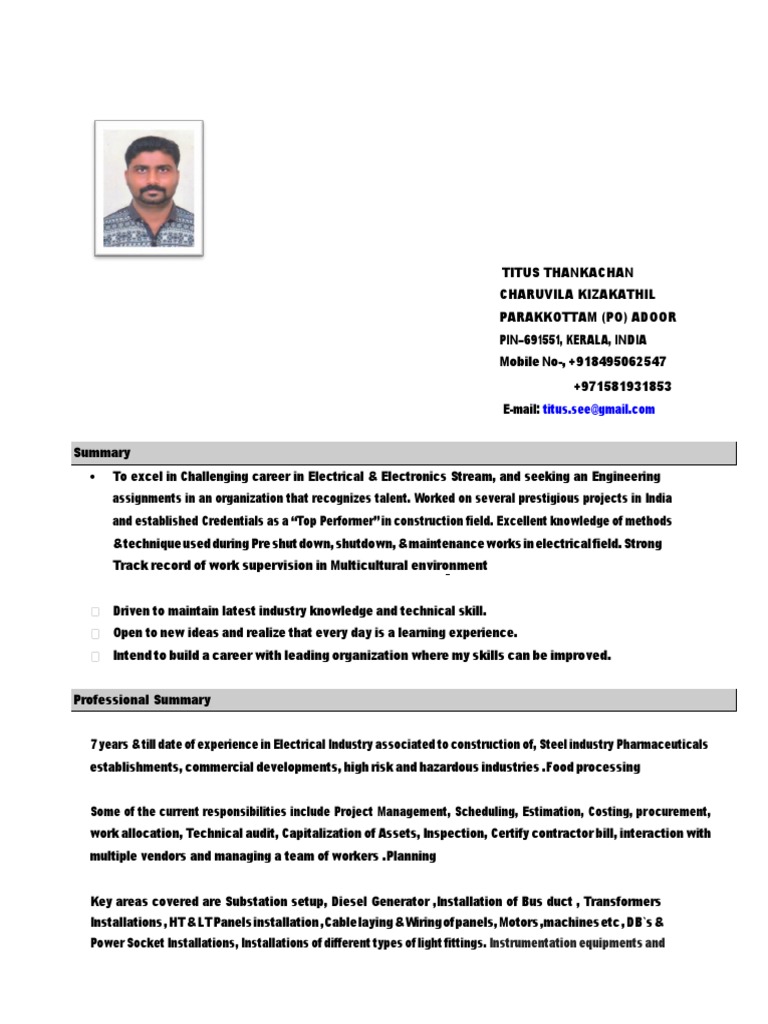 Titus Thankachan 2018 Biodata PDF | PDF | Engineering | Electrical Wiring