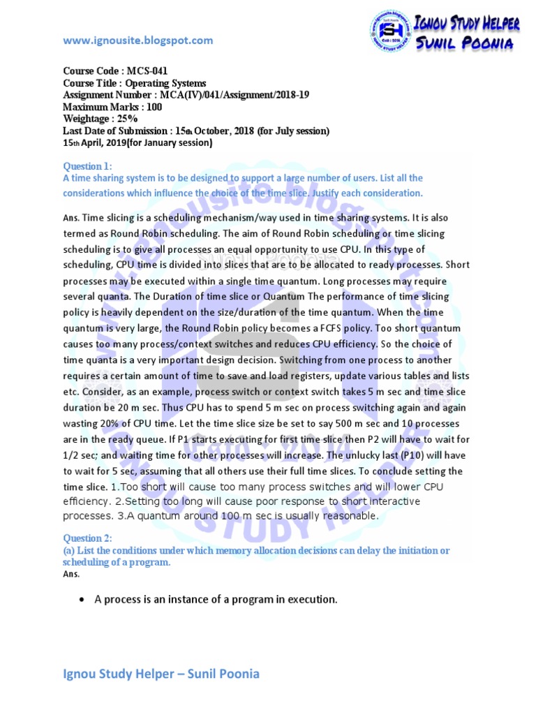 MCS 041 (MCA 4th Sem Assignment) PDF | PDF | Scheduling (Computing) | Operating System