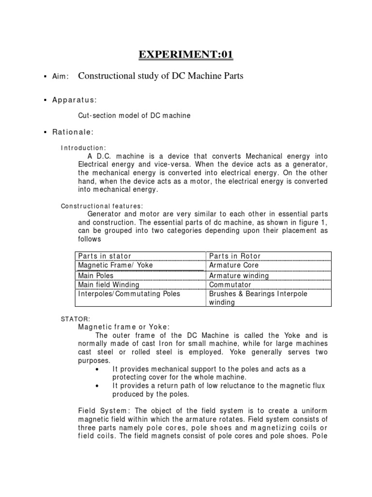 Constructional Study of DC Machine Parts: Experiment:01 | PDF ...