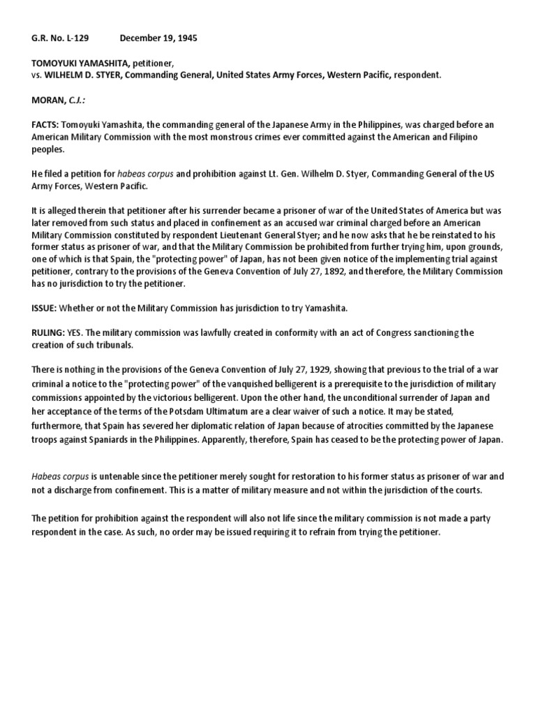 YAMASHITA V STYER | PDF | Military Justice | War Crime