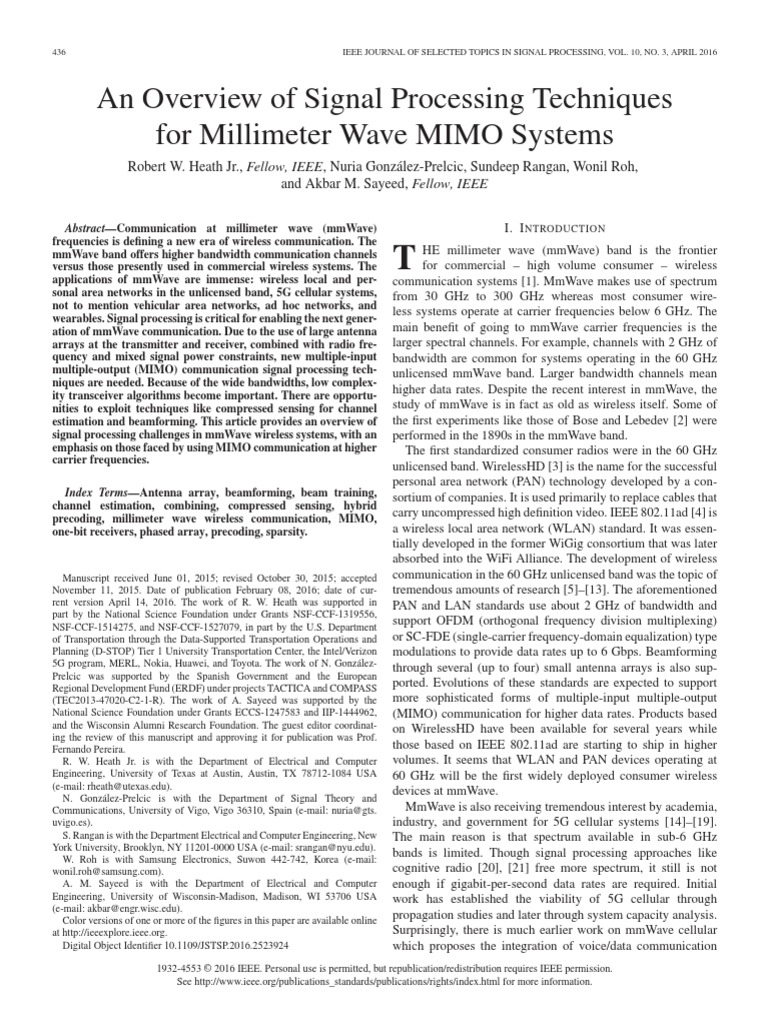 An Overview of Signal Processing Techniques For Millimeter Wave MIMO Systems | PDF | Mimo ...