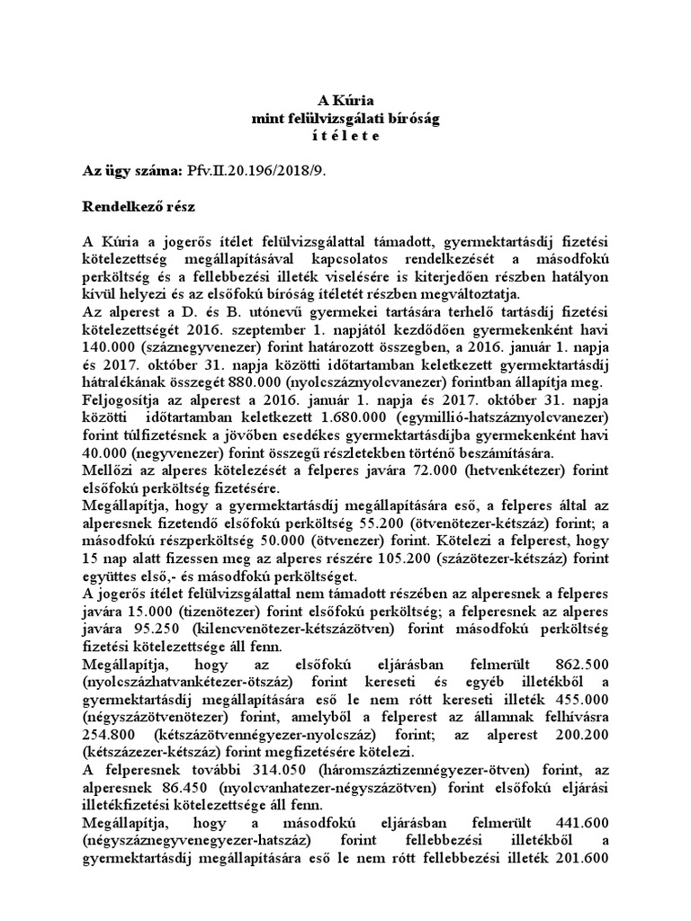 Kúria Ítélet Gyermektartás Luxus Anonim | PDF