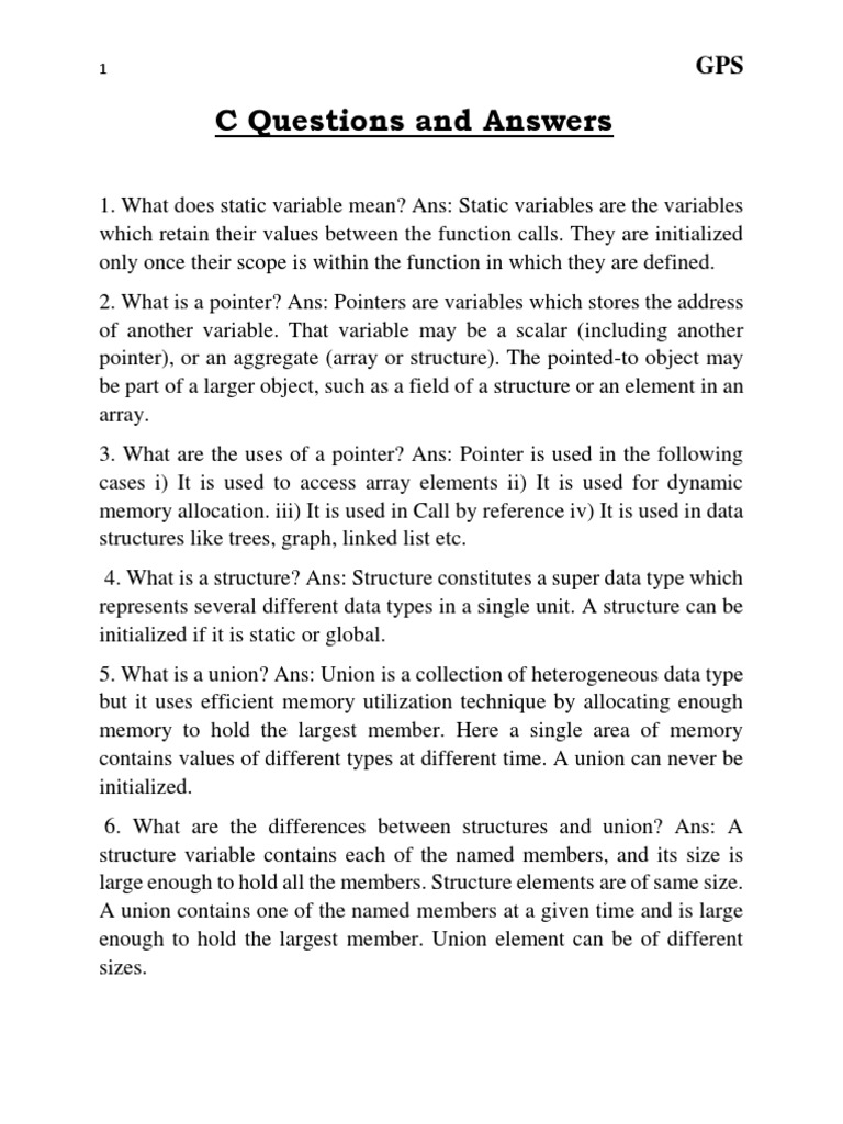 C Questions and Answers | PDF | Pointer (Computer Programming) | C ...