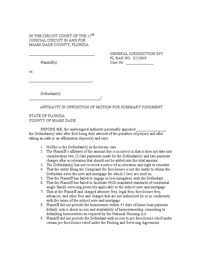 Affidavit Summary Judgment | PDF | Affidavit | Foreclosure