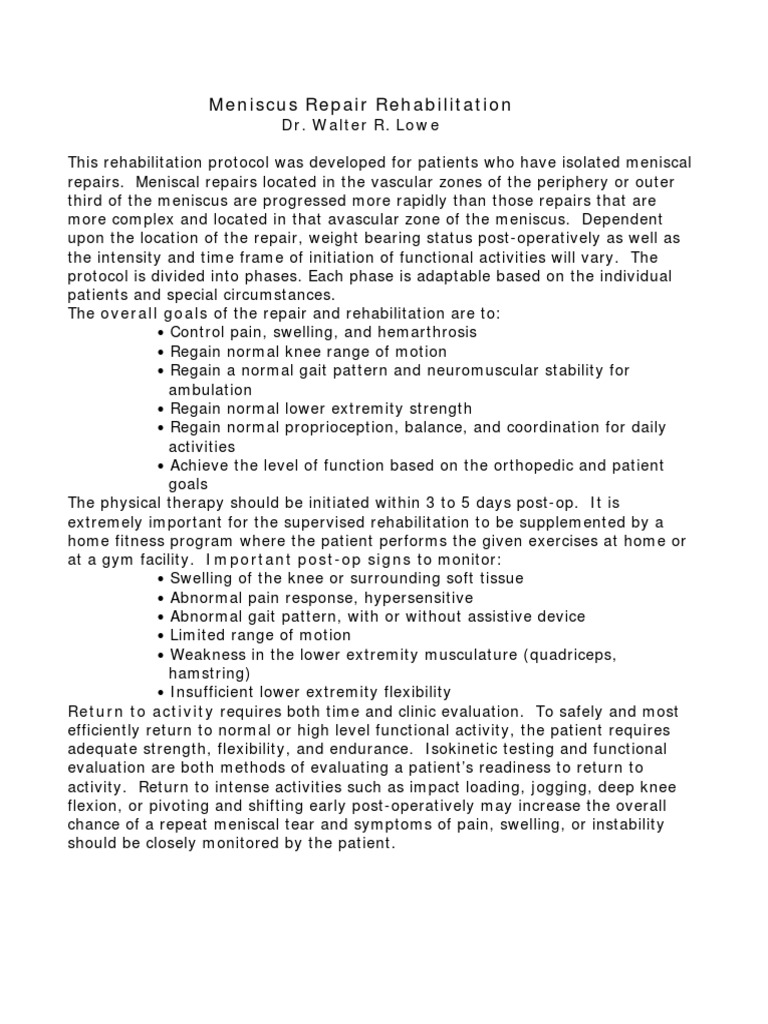 Meniscus Repair Rehab Protocol Guide | PDF | Physical Therapy | Dance ...