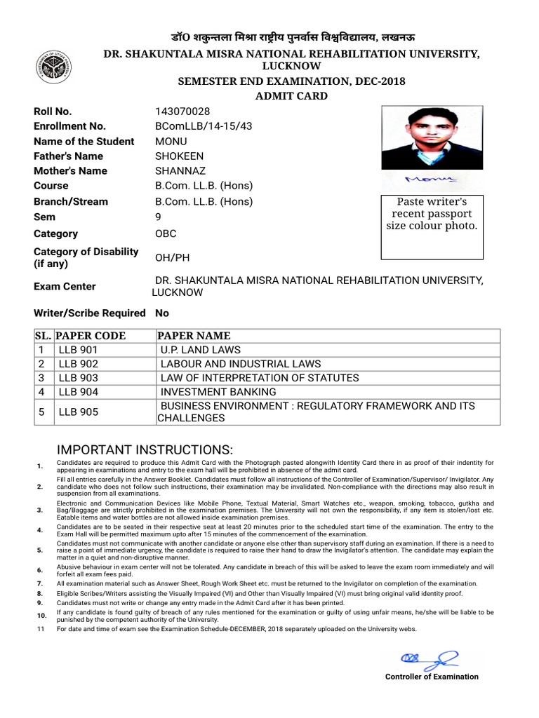 Important Instructions:: Controller of Examination | PDF | Government ...