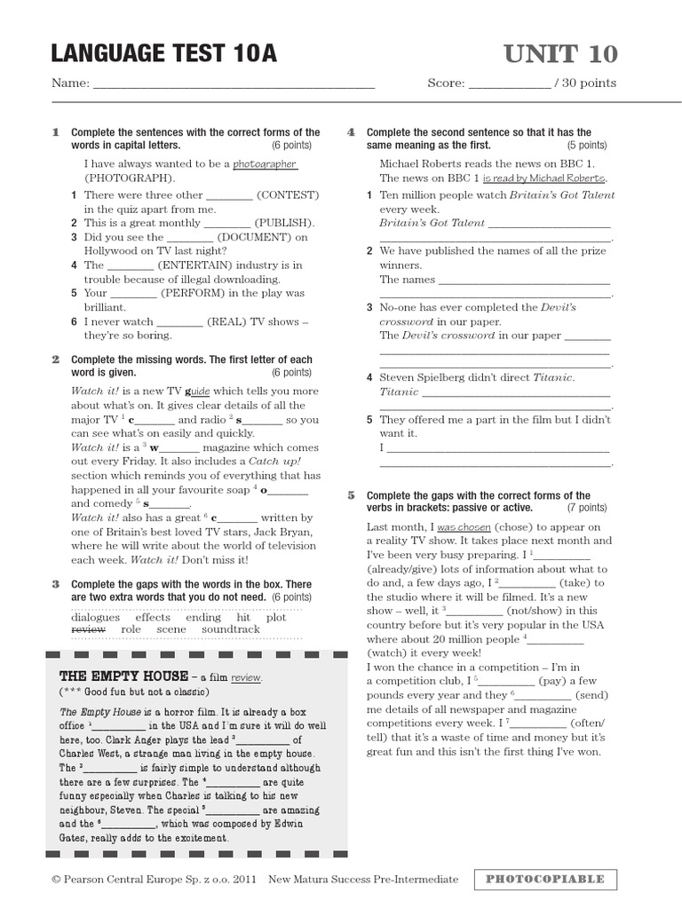 Language Test 10A: Unit 10 | PDF | Leisure