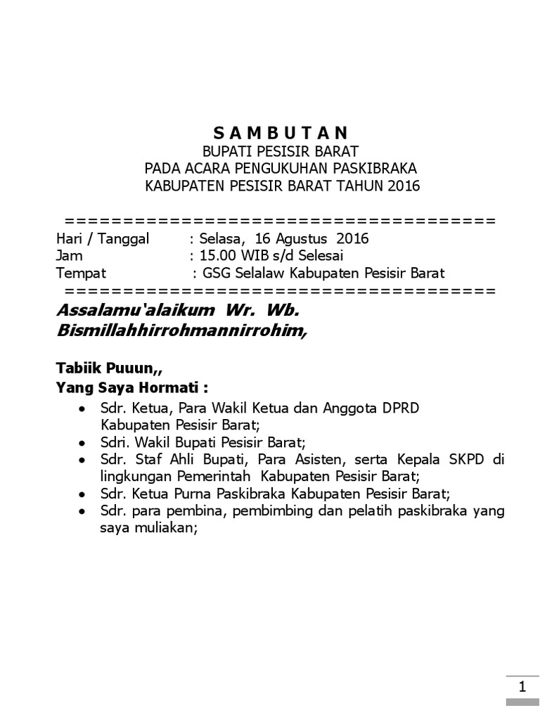 Sambutan Acara Pengukuhan Paskibraka | PDF Sambutan Acara Pengukuhan Paskibraka | PDF