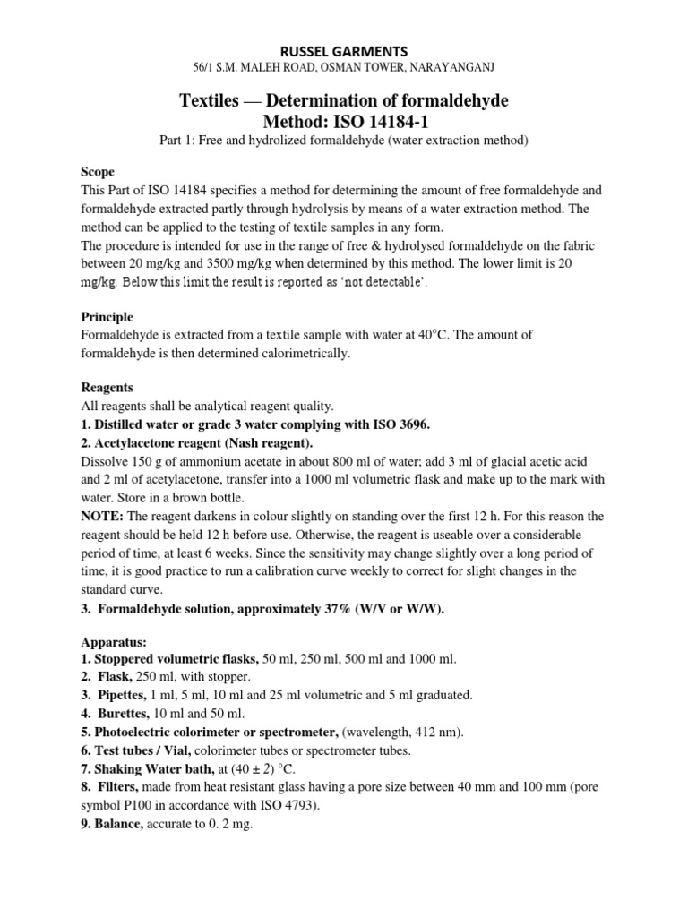 Determination of Formaldehyde ISO Method | PDF | Absorbance | Parts Per ...