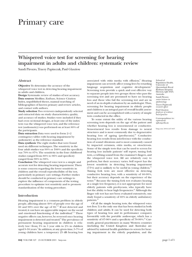 Primary Care: Whispered Voice Test For Screening For Hearing Impairment ...