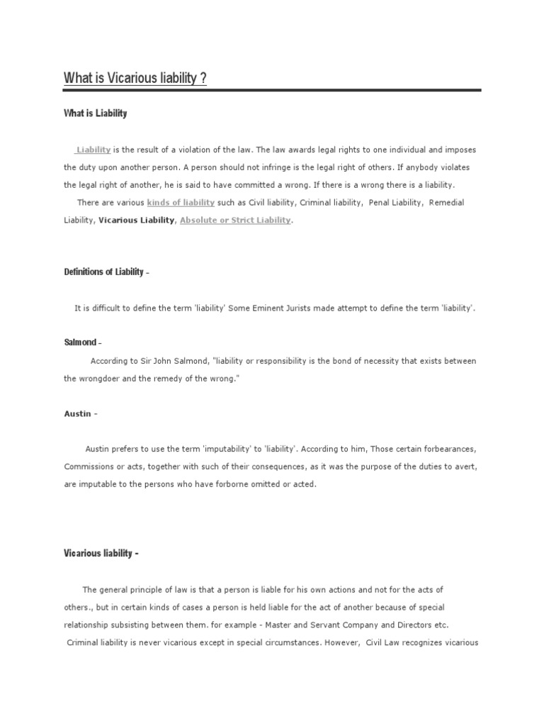 What Is Vicarious Liability | PDF | Vicarious Liability | Legal Liability