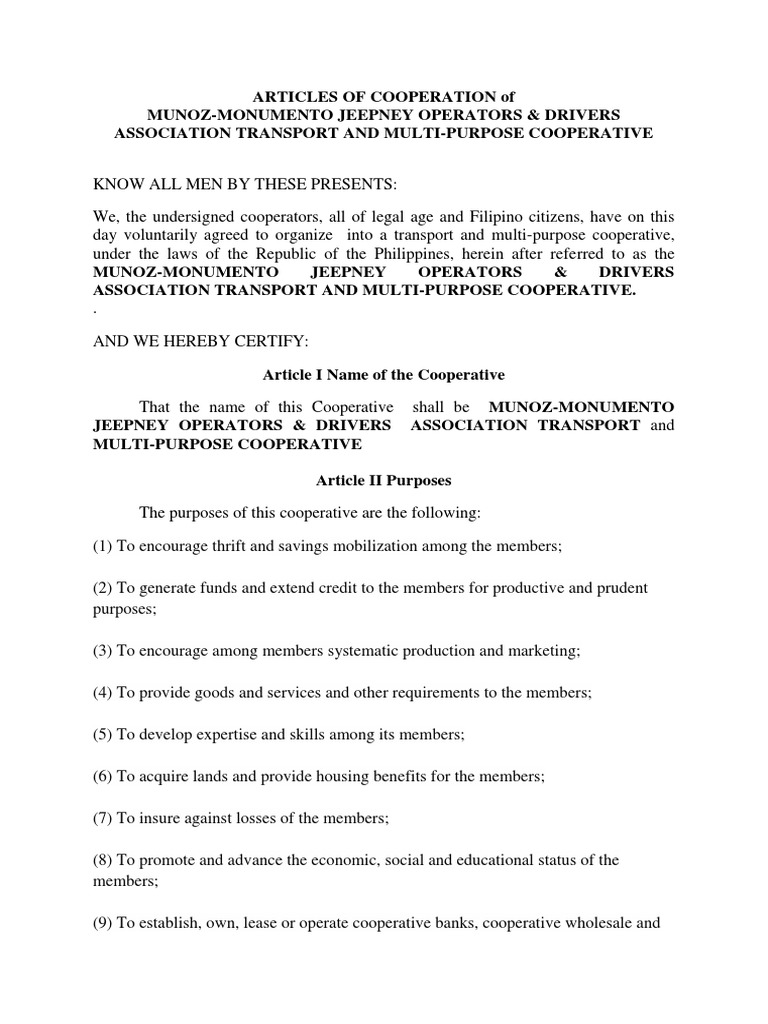 ARTICLES OF COOPERATION of MMJODA | PDF | Cooperative | Board Of Directors