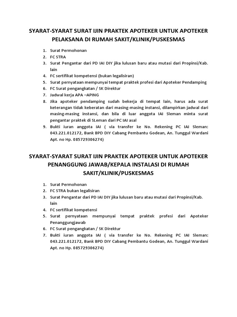Syarat Rekom IAI Untuk SIPA Apoteker Di RS, Klinik, Puskesmas | PDF
