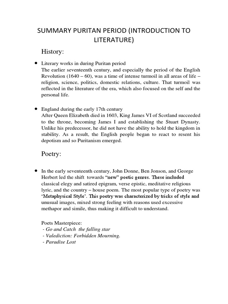 Summary Puritan Period (Introduction To Literature) : History | PDF