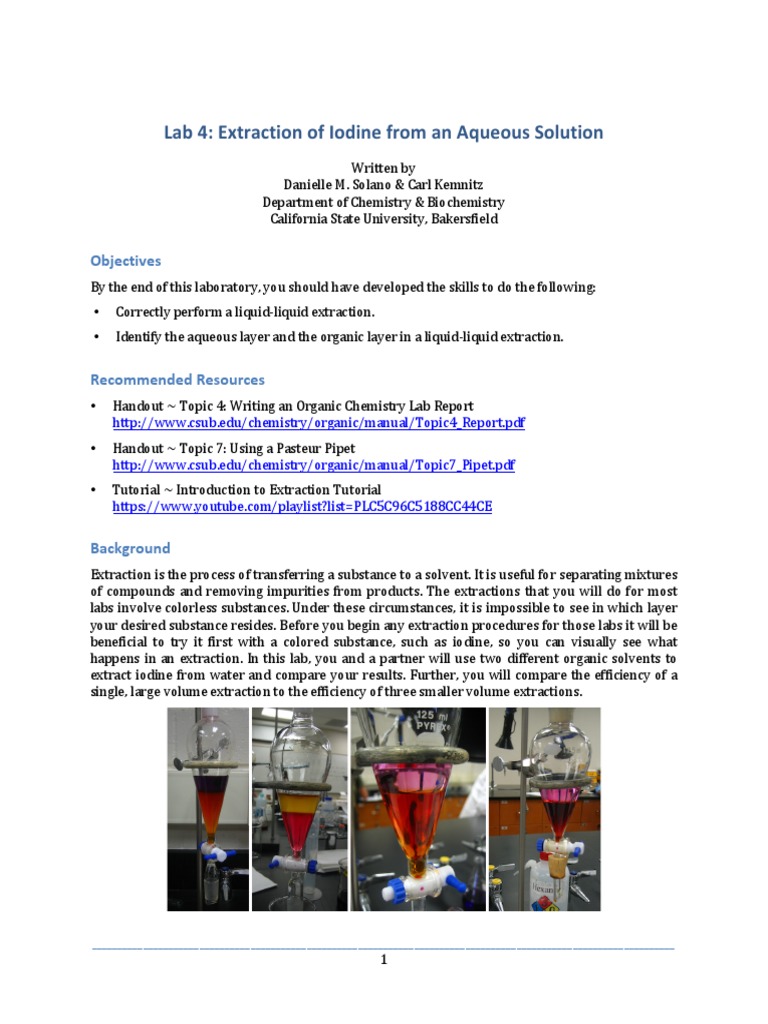 Lab 4: Extraction of Iodine From An Aqueous Solution | PDF | Iodine ...