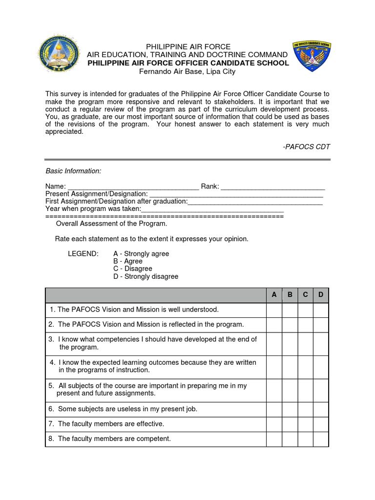 PAFOCS Graduate Feedback Survey | PDF | Leadership | Aviation Safety