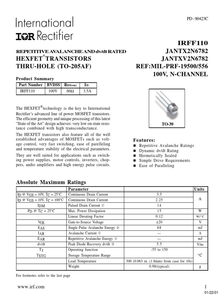 IRFF110 JANTX2N6782 Hexfet Transistors JANTXV2N6782 THRU-HOLE (TO-205AF) REF:MIL-PRF-19500/556 ...
