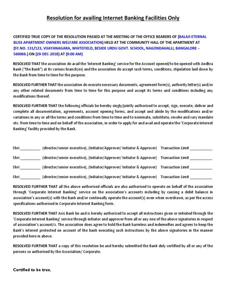 Association Resolution For Internet Banking | PDF | Overdraft | Banks