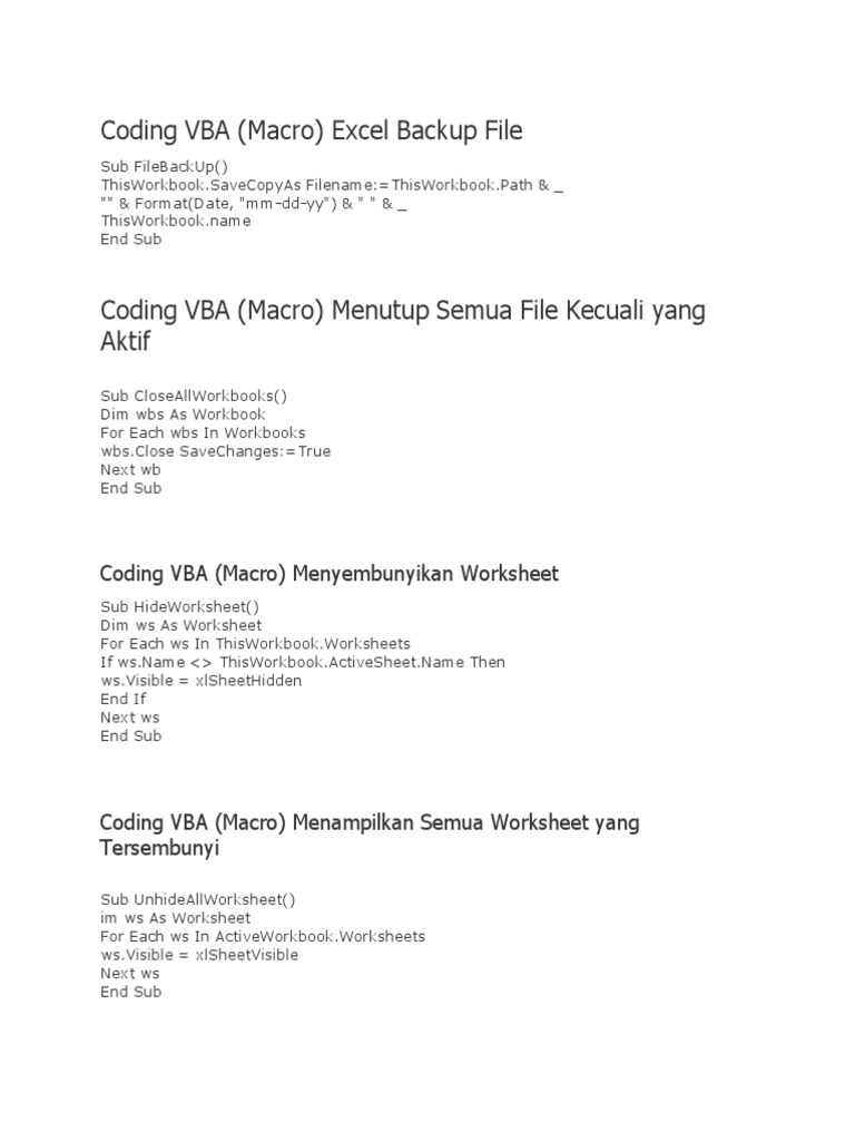 Coding Vba Macro Excel Backup File Download Free Pdf Visual Basic