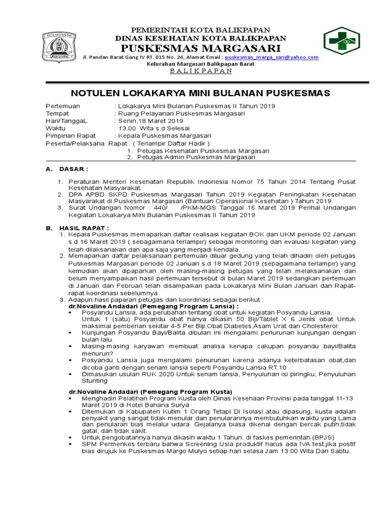 Notulen Rapat-Lokmin Bulanan Puskesmas 18 Maret 2019 | PDF