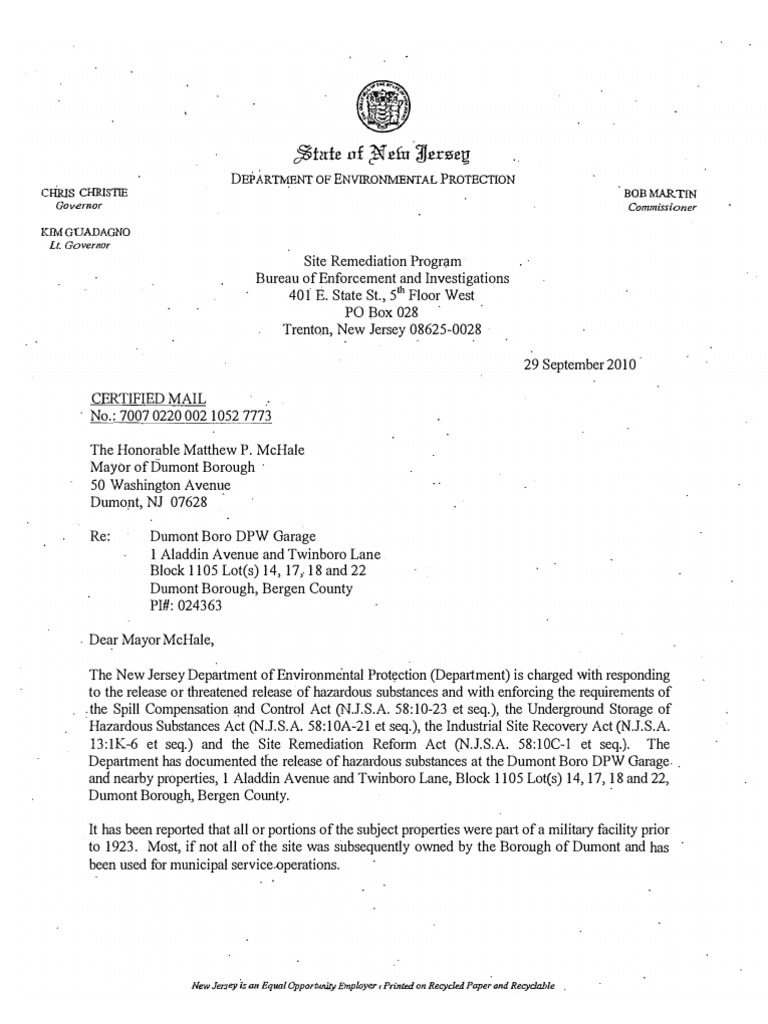 NJDEP Letter To Borough of Dumont | PDF | Environmental Remediation ...