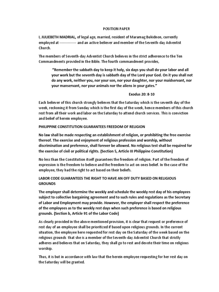 Sda Position Paper | PDF | Biblical Sabbath | Freedom Of Religion