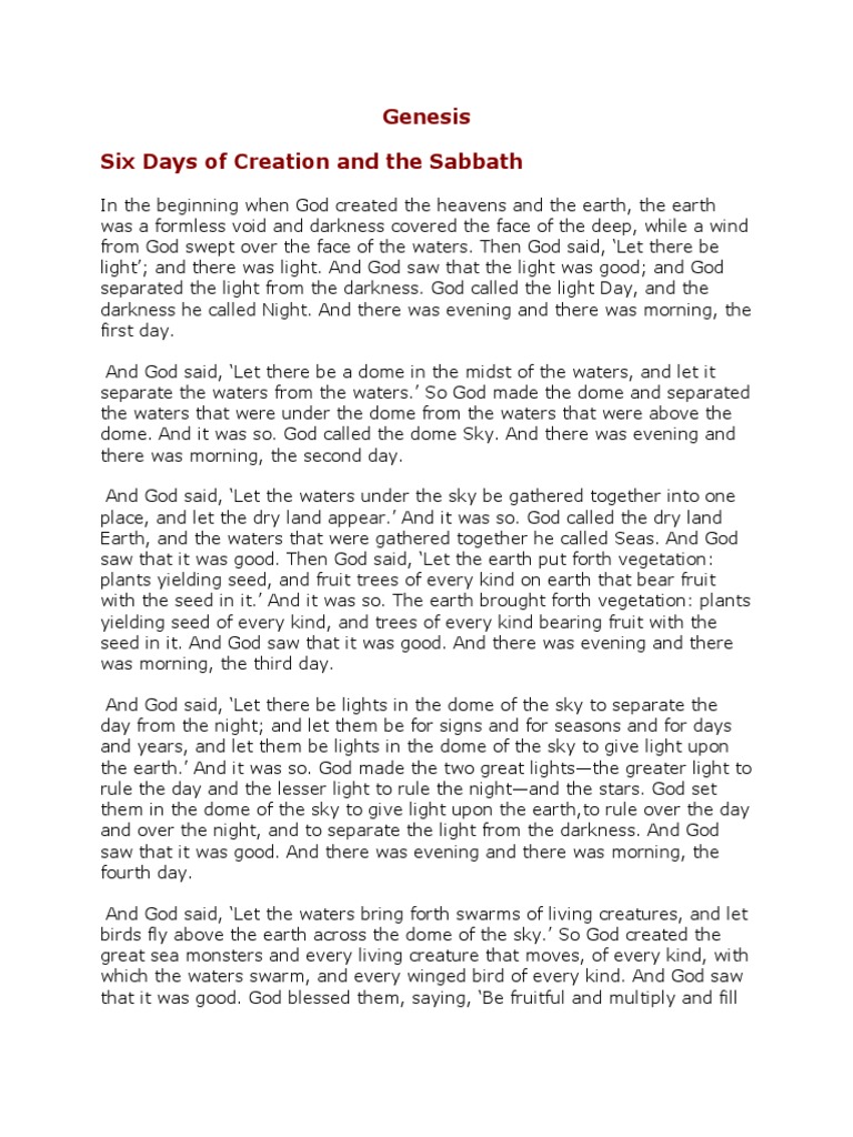 Genesis Six Days of Creation and The Sabbath | PDF | Genesis Creation ...