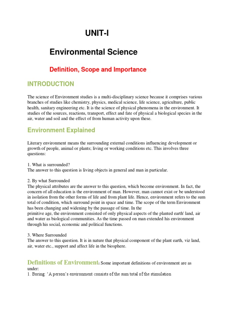 Unit-I Environmental Science: Definition, Scope and Importance | PDF ...