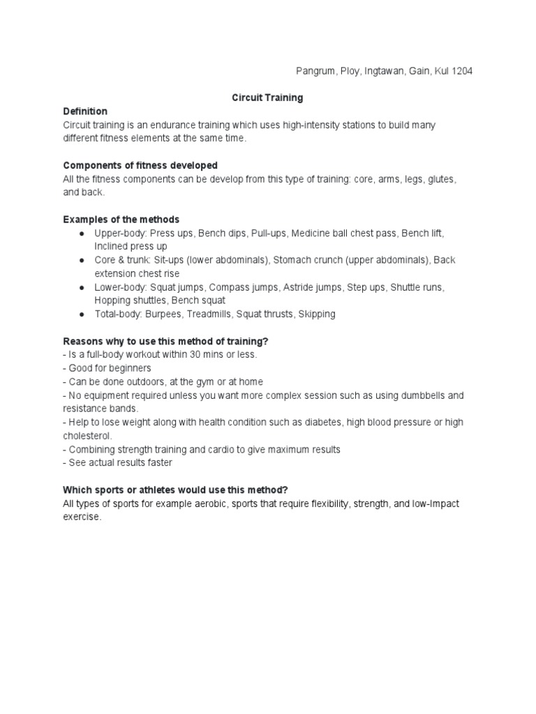 Health Assignment Circuit Training | PDF | Physical Fitness | Aerobic ...