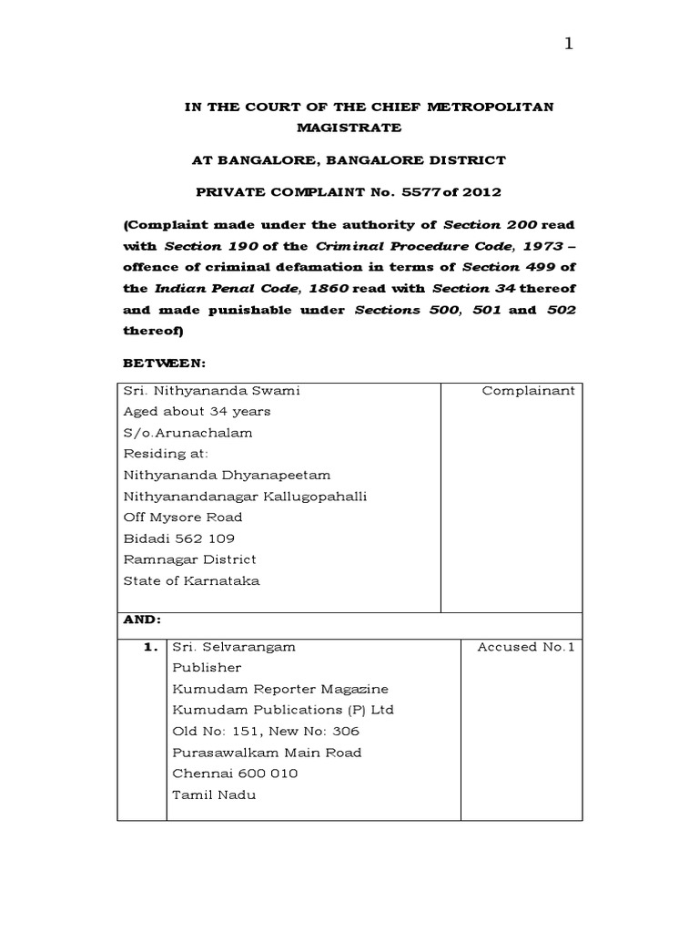 SAMPLE CRIMINAL DEFAMATION CASE - Kumudam - Reporter - Criminal ...