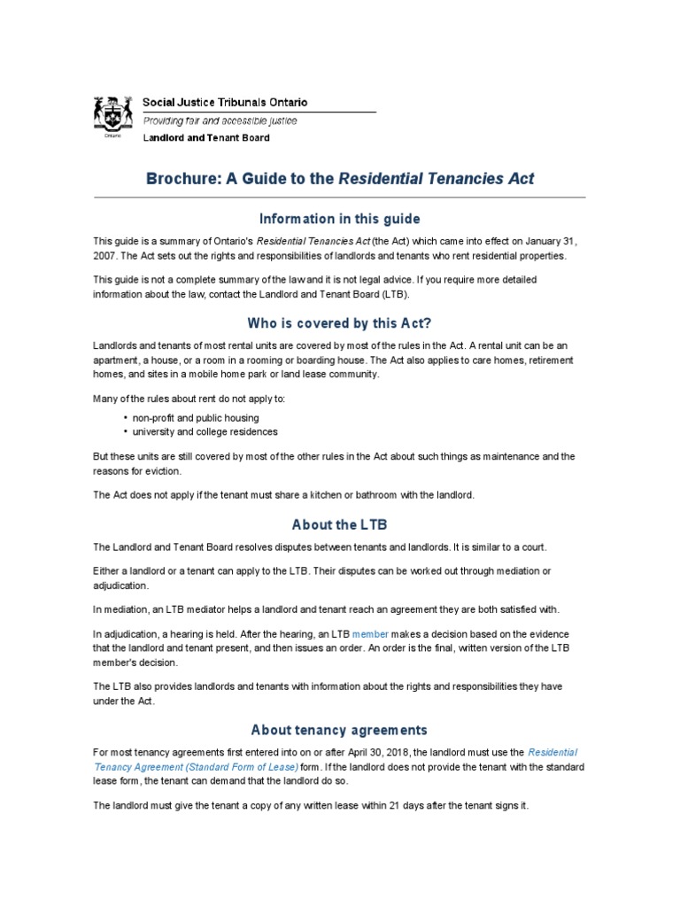 Brochure: A Guide To The Residential Tenancies Act: Information in This ...