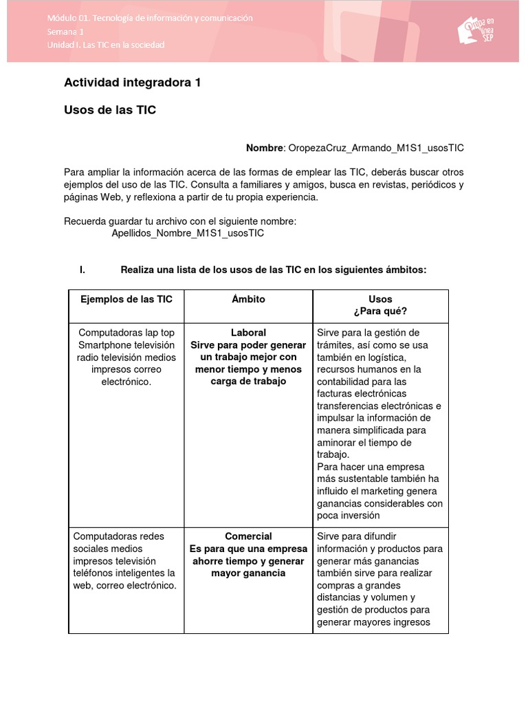 S1. Descargable. Actividad Integradora 1. Usos de Las TIC | PDF | Tecnología de información y ...