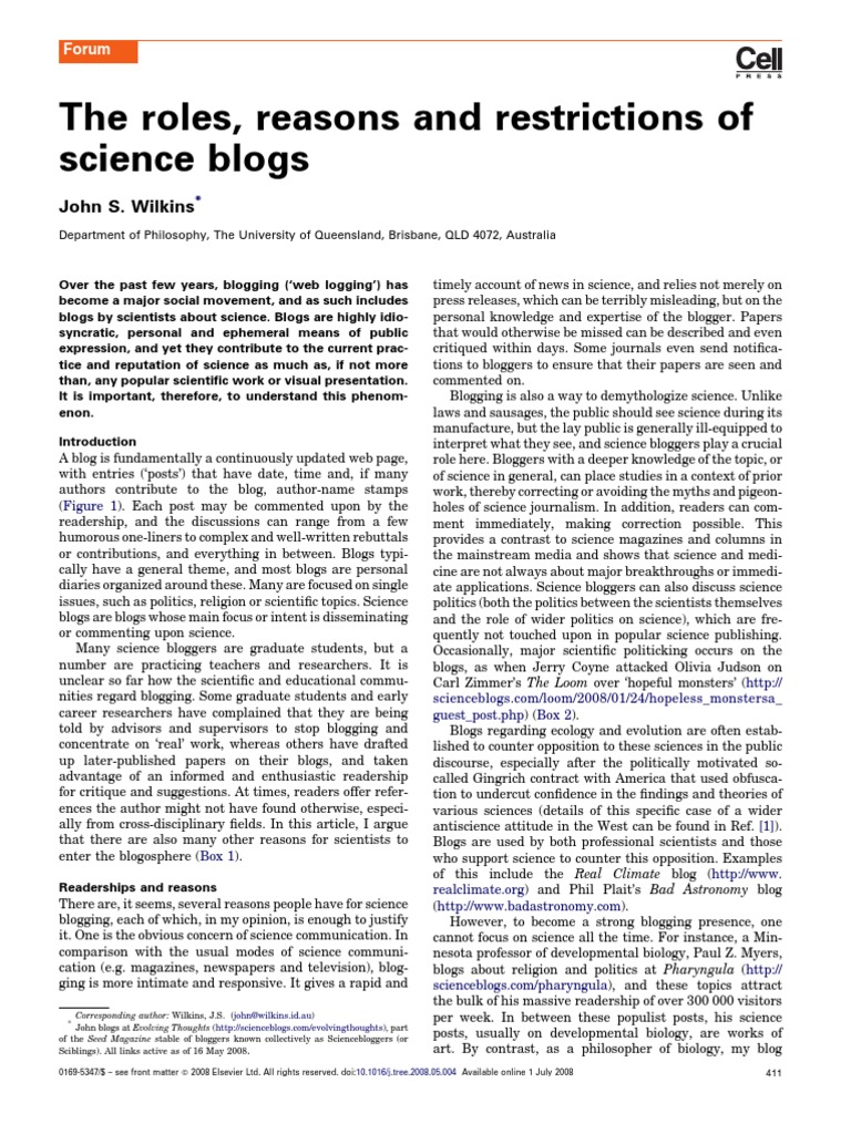 Wilkins 2008 Science Blogs | PDF | Blog | Science