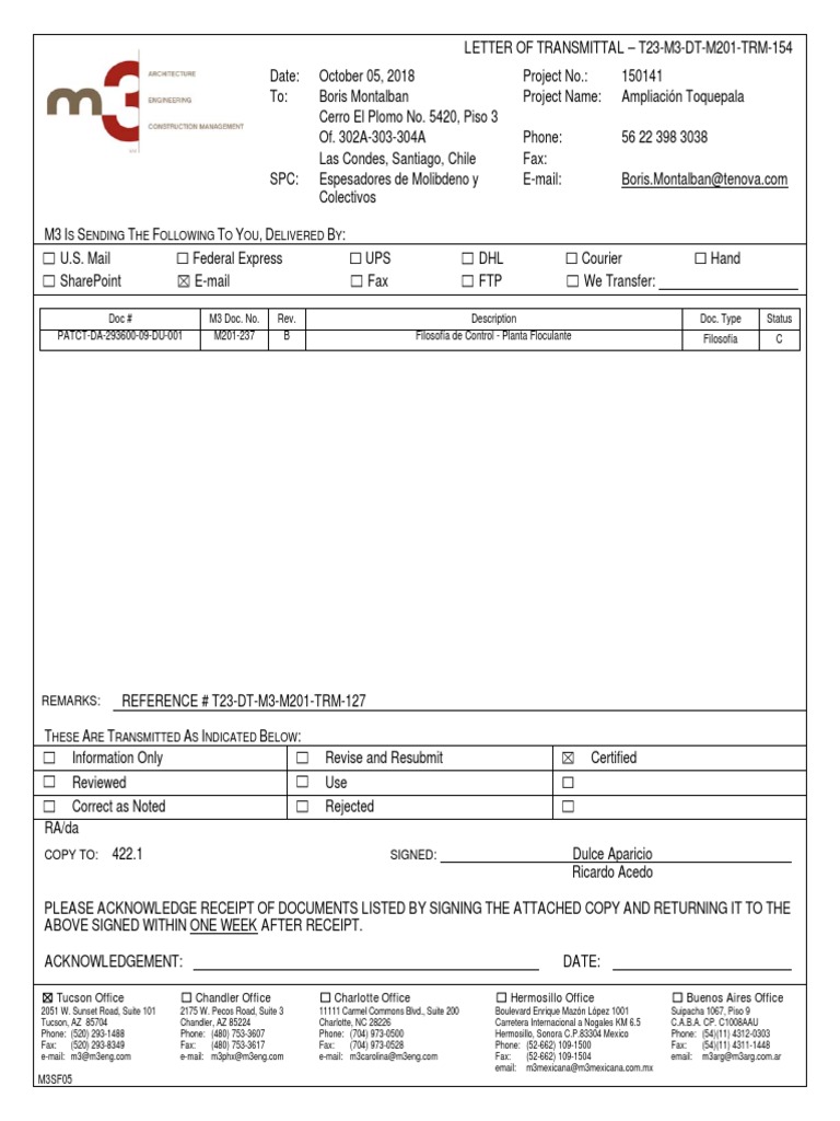 Letter of Transmittal - T23-M3-Dt-M201-Trm-154: S Ending HE Ollowing O ...