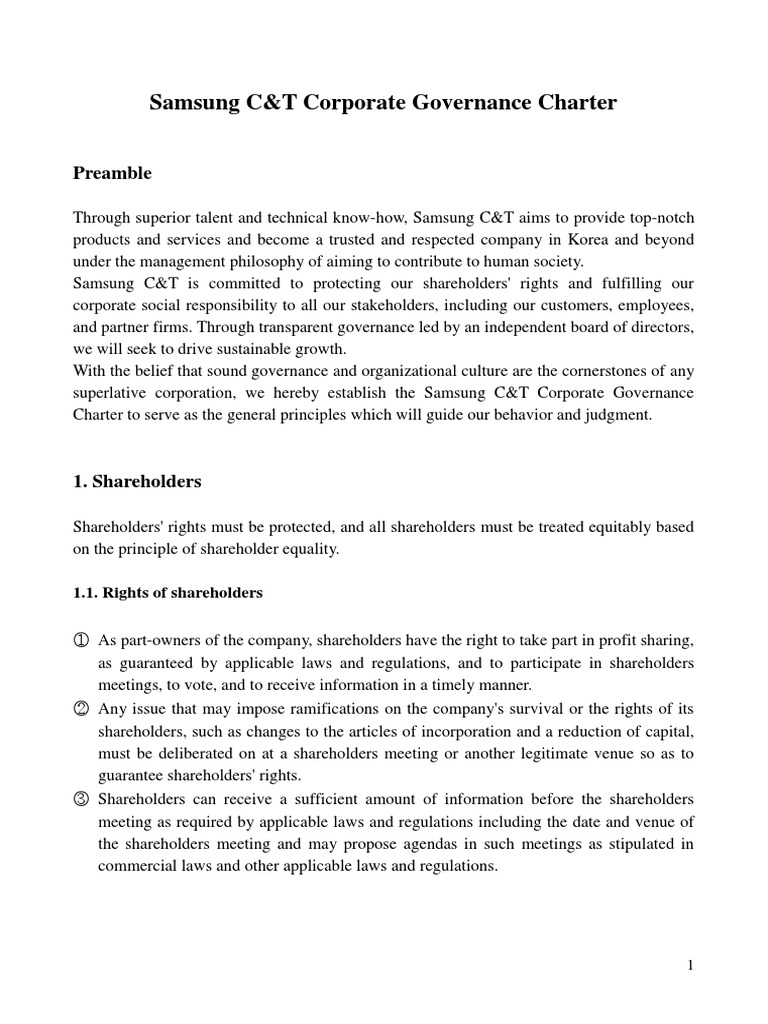 Samsung C&T Corporate Governance Charter: Preamble | PDF | Board Of ...
