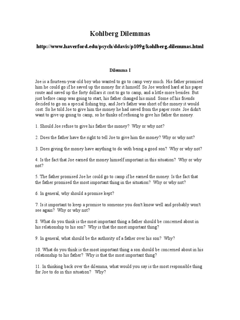 Kohlberg Dilemmas: Dilemma I | PDF