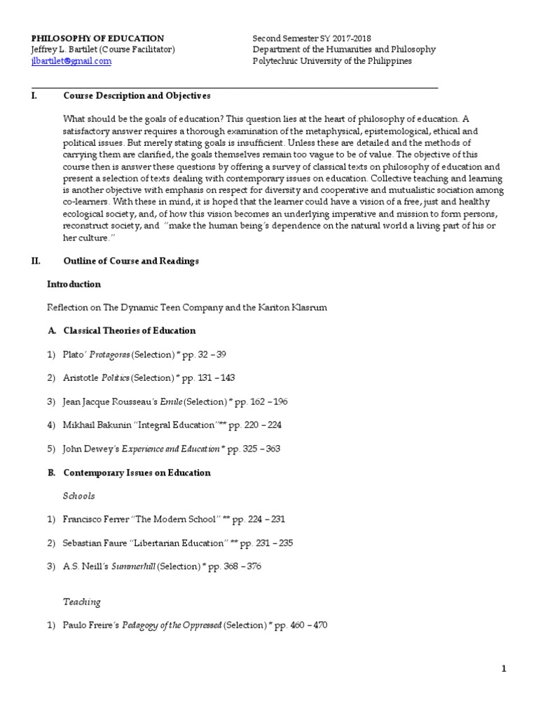 Philosophy of Education Course Outline | PDF | Philosophy Of Education ...
