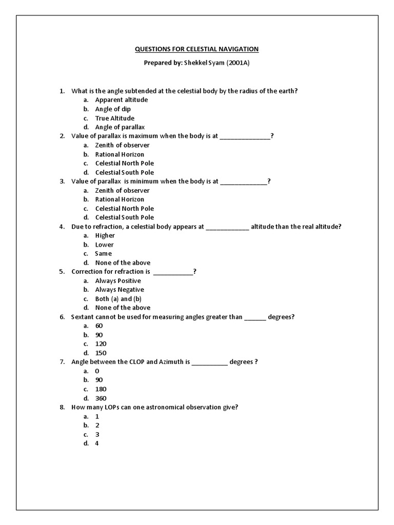 Celestial Navigation Questions-1 | Download Free PDF | Horizon | Angle