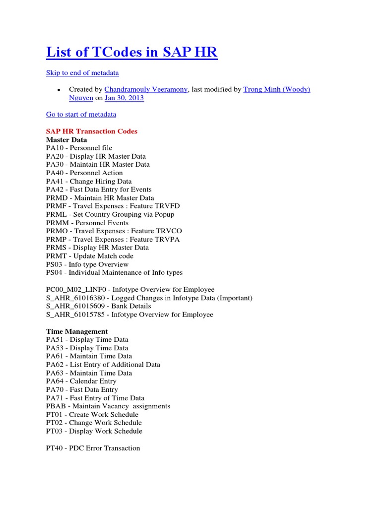 List of TCodes in SAP HR1 | PDF | Human Resources | Software