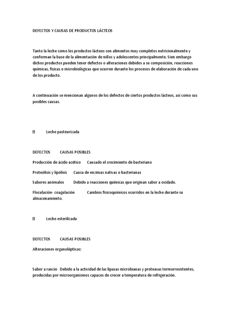 Defectos y Causas de Productos Lc3a1cteos PDF | PDF | Sabor | Leche