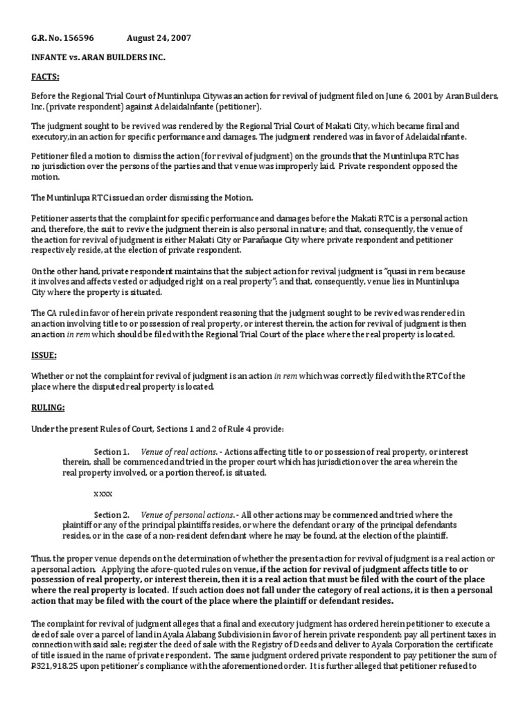 39 - Infante-vs-Aran-Builders-1 | PDF | Judgment (Law) | Lawsuit