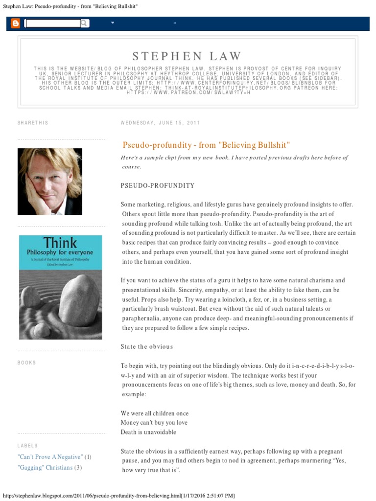 Stephen Law Pseudo-Profundity - From Believing Bullshit | PDF ...