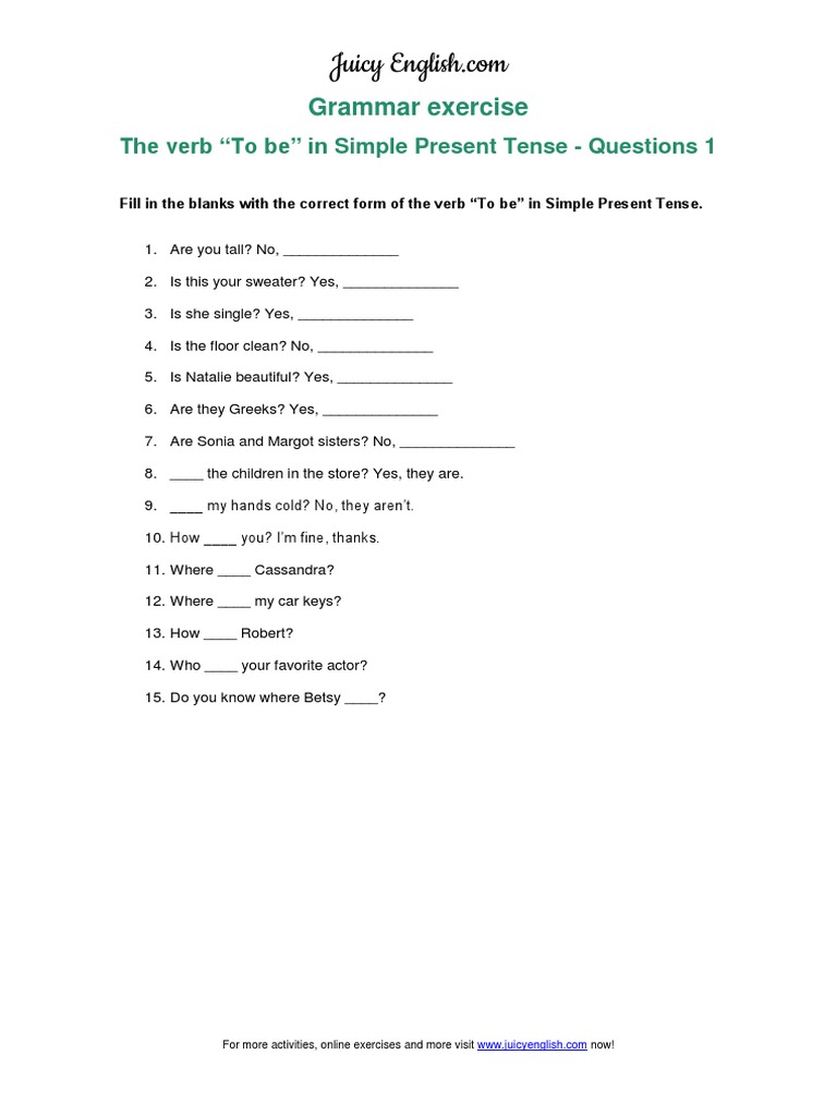Simple Present Tense: Verb "To Be" Exercises | PDF