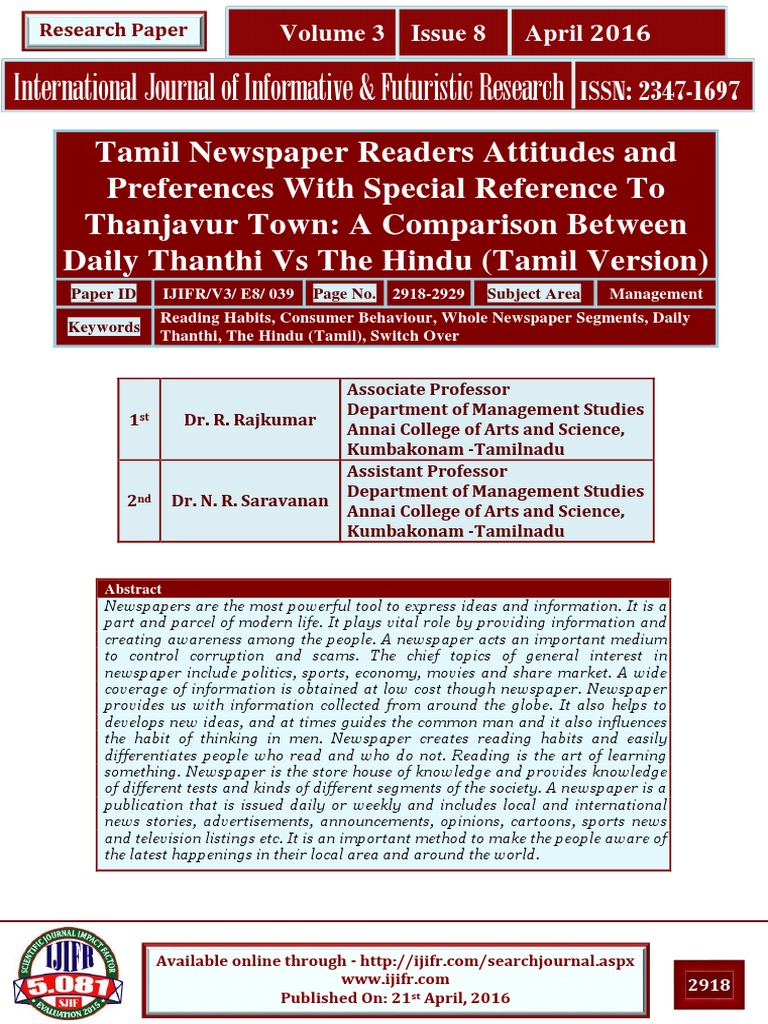 Tamil newspaper readers' attitudes and preferences comparison of Daily ...