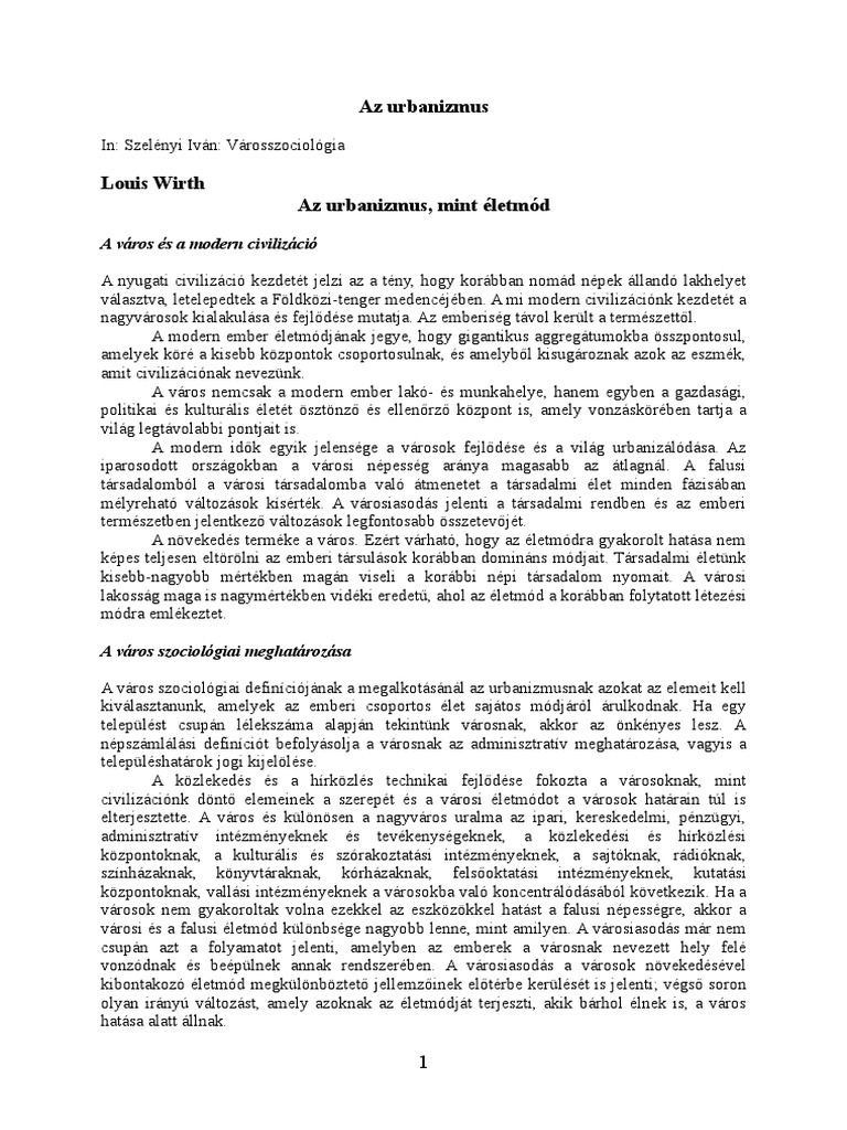 Louis Wirth: Az Urbanizmus | PDF
