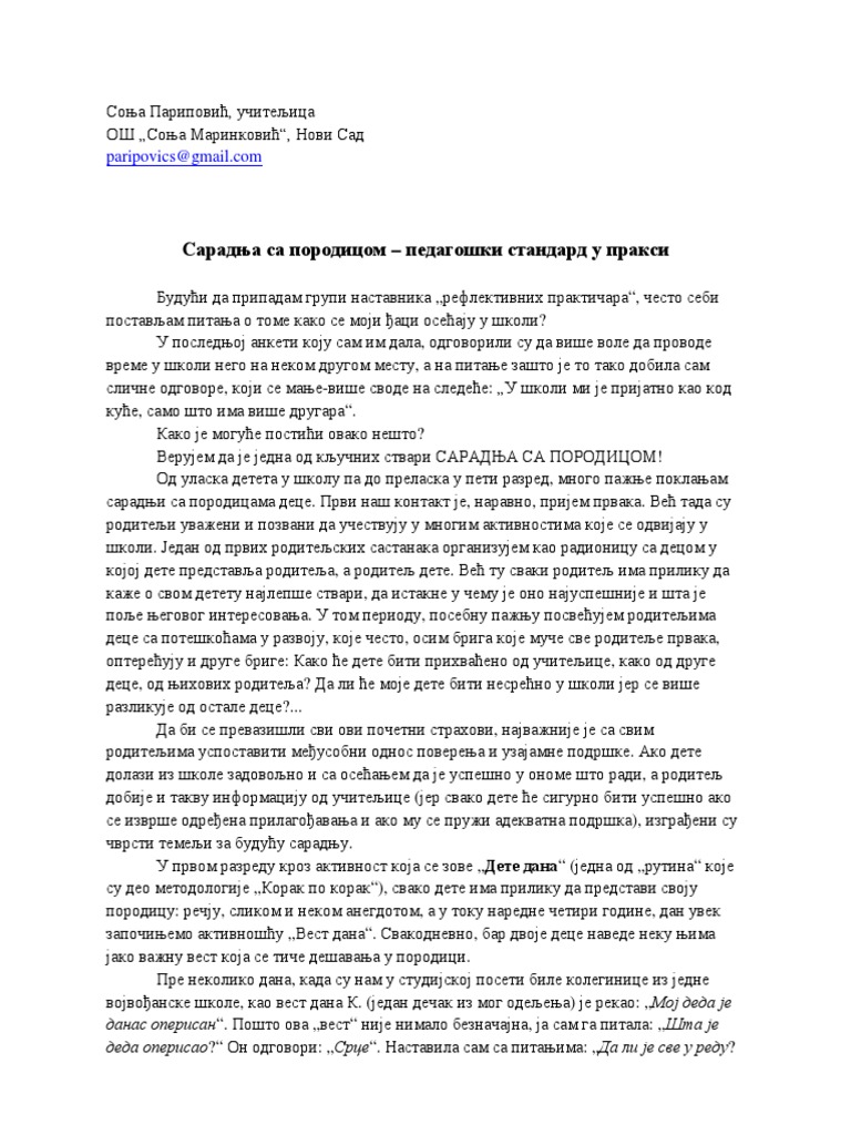 Saradnja Sa Porodicom, Sonja Paripović | PDF