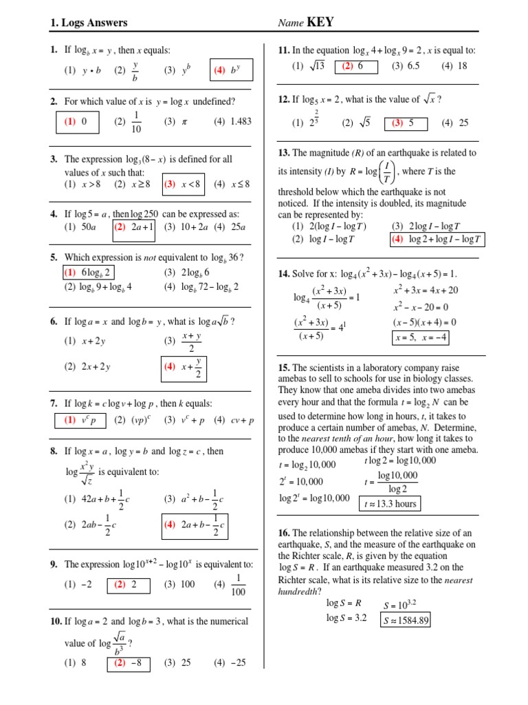 Logs Answers: X y y B y B y B | PDF | Logarithm | Teaching Mathematics