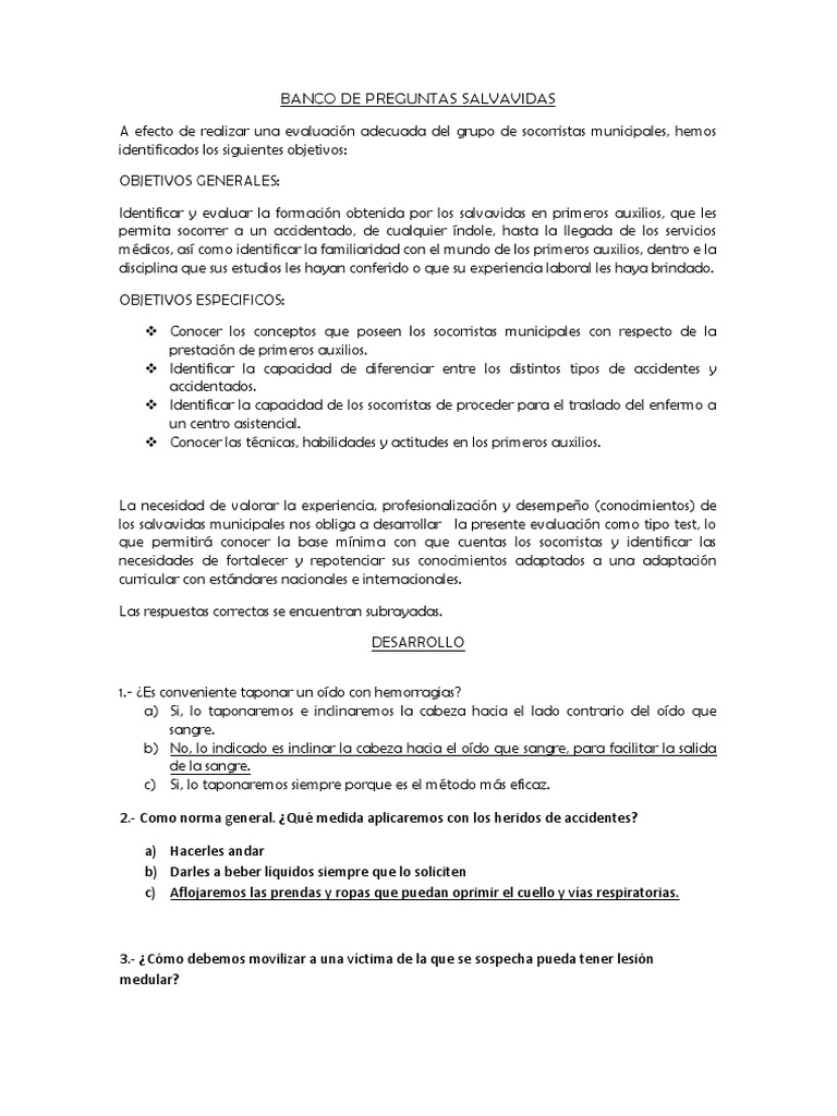 Banco de Preguntas de Primeros Auxilios | Descargar gratis PDF | Primeros auxilios | Respiración